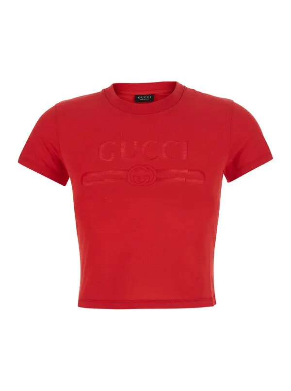 Gucci Cropped Cotton T-shirt With Embossed Logo - Multicolor