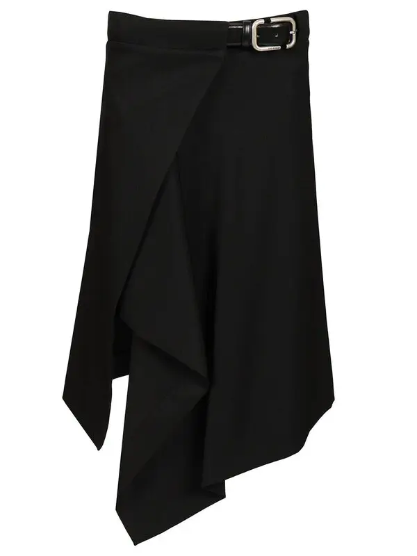 Attico Virgin Wool Midi Skirt With Leather Belt Detail