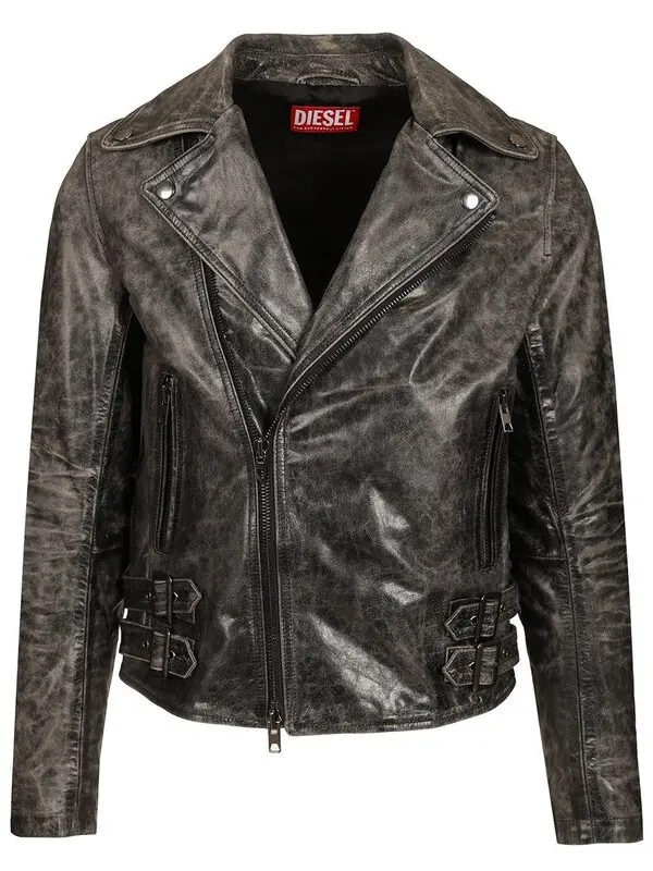 DIESEL® Biker Jacket With Crackled Leather And Embossed Logo - Gray