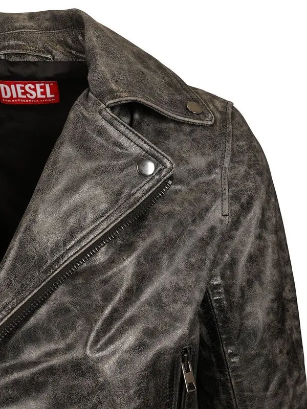 DIESEL® Biker Jacket With Crackled Leather And Embossed Logo