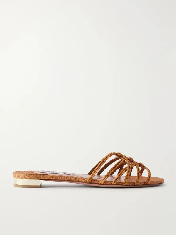AQUAZZURA Luna Raffia Slides With Braided Cord - Neutrals
