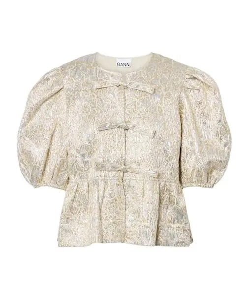 GANNI Puff-sleeve Brocade Top With Bow Detail