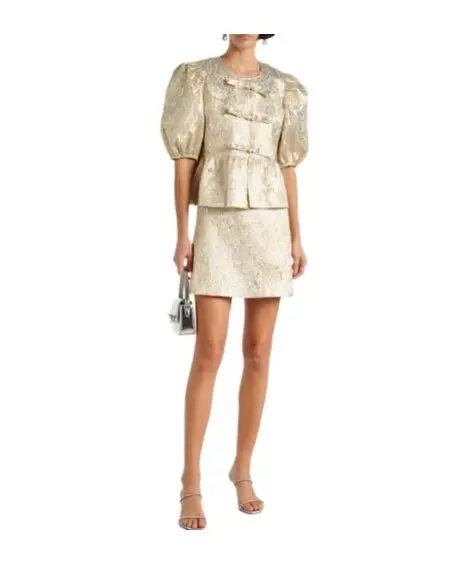 GANNI Puff-sleeve Brocade Top With Bow Detail