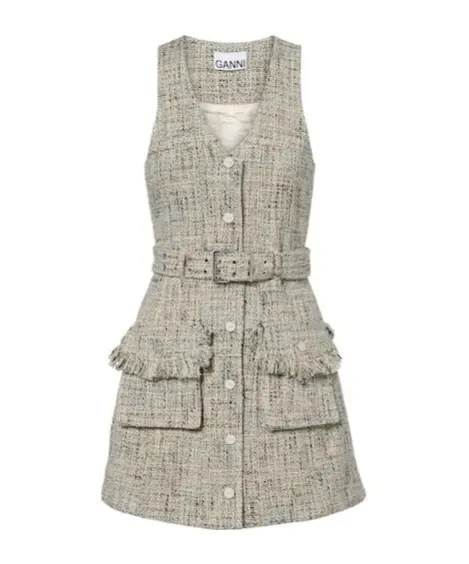GANNI Belted Tweed Mini Dress - Gray