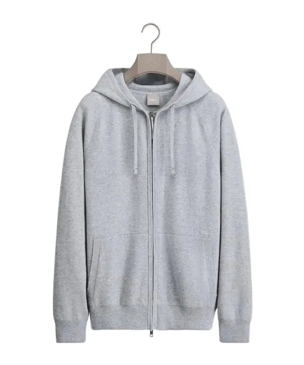 Dior Embroidered Zip-up Hooded Sweater - Grey