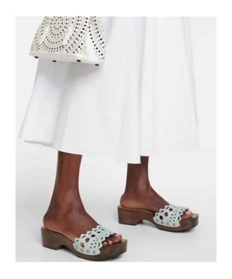Alaïa Vienne Laser Cut Leather And Wood Platform Slides