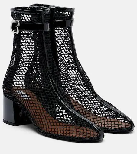 Alaïa Fishnet Patent Leather Trimmed Ankle Boots