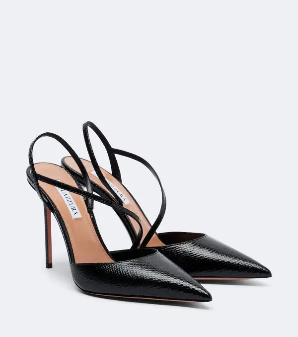 AQUAZZURA Dynasty Snake-effect Leather Pumps With Ankle Strap - Black