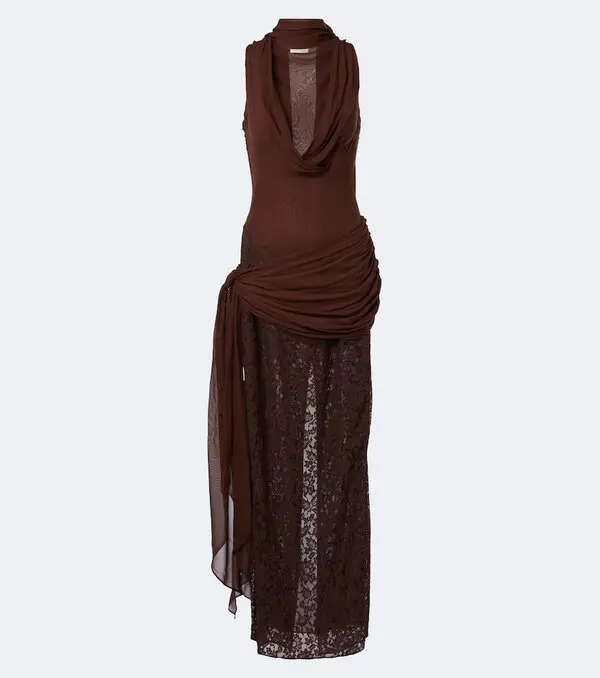 DE LA VALI Rosa Georgette And Lace Maxi Dress - Brown