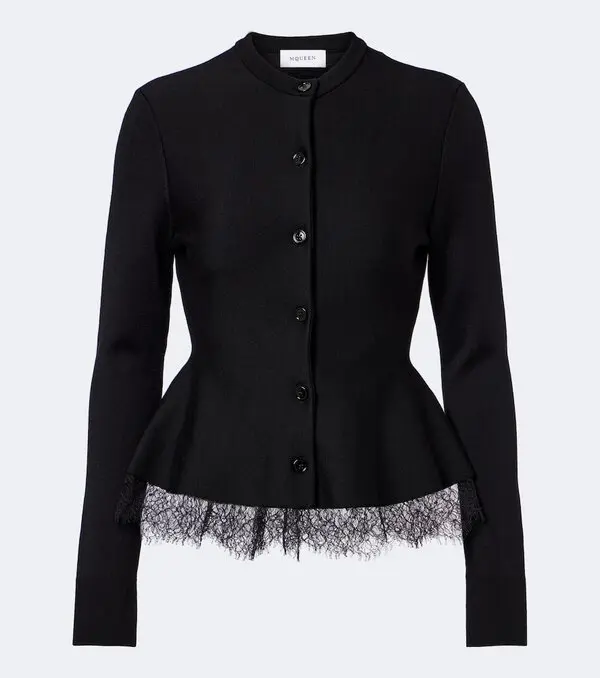 Alexander McQueen Lace-trimmed Peplum Cardigan - Black