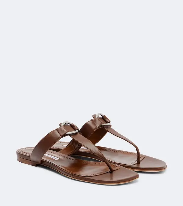 Manolo Blahnik Mionasan Leather Thong Sandals - Brown