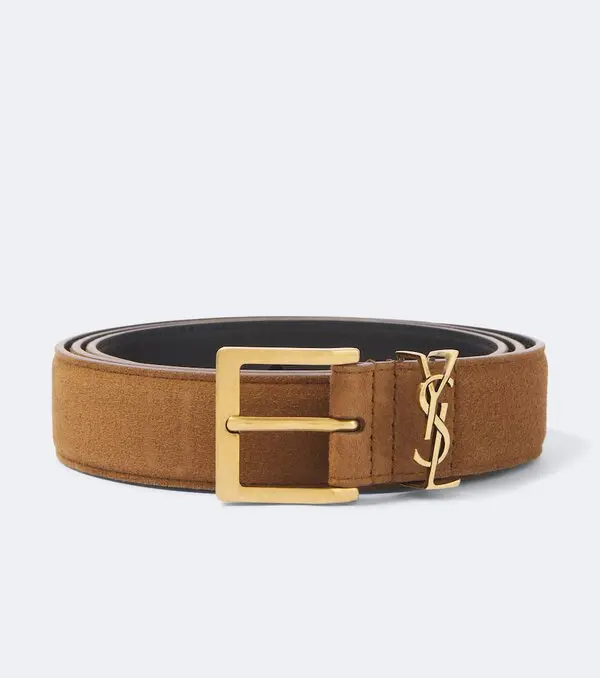 Saint Laurent Cassandre Suede Belt - Brown