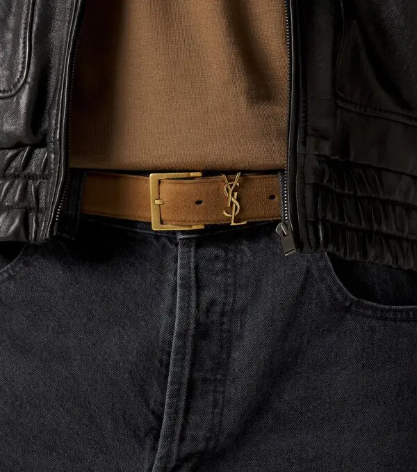 Saint Laurent Cassandre Suede Belt - Brown