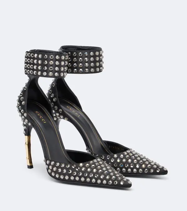 Gucci Castello Embellished Satin Pumps - Black
