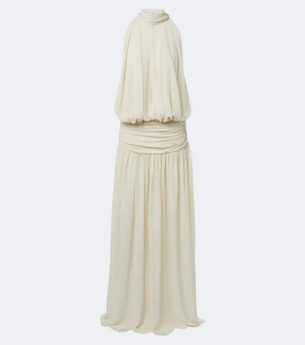 DE LA VALI Draped Chiffon Maxi Dress - White