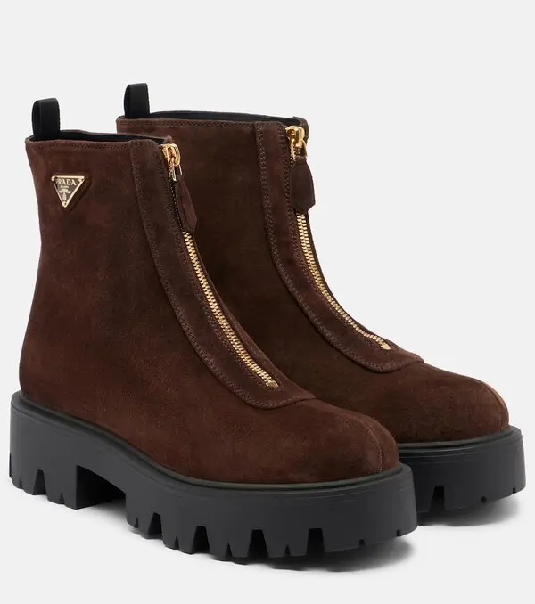 Prada Suede Platform Ankle Boots - Brown