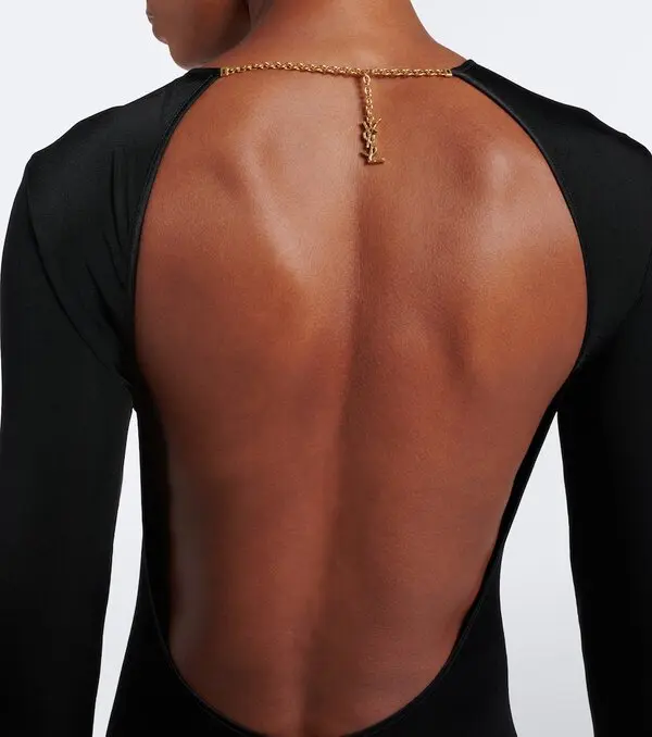 Saint Laurent Open-back Jersey Bodysuit With Gold-tone Chain Detail