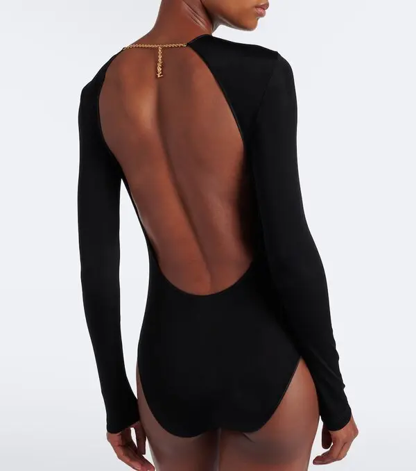 Saint Laurent Open-back Jersey Bodysuit With Gold-tone Chain Detail