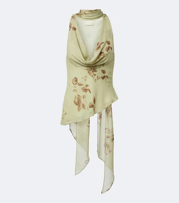 DE LA VALI Diosa Floral Scarf-detail Georgette Top - Green
