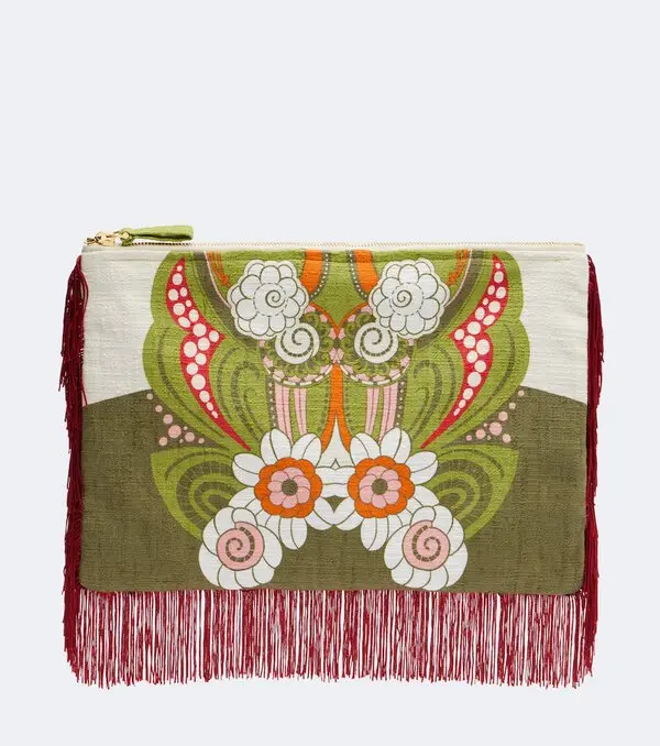 La DoubleJ Fringed Printed Cotton Canvas Pouch - Multicoloured