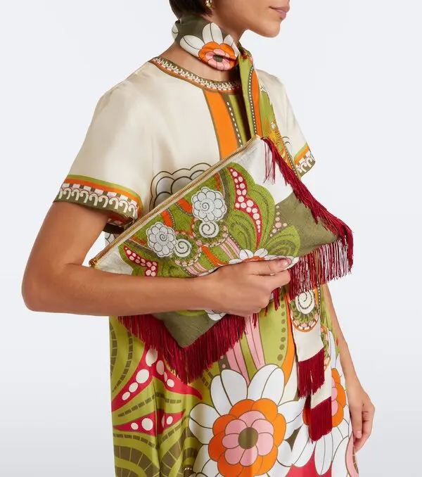 La DoubleJ Fringed Printed Cotton Canvas Pouch