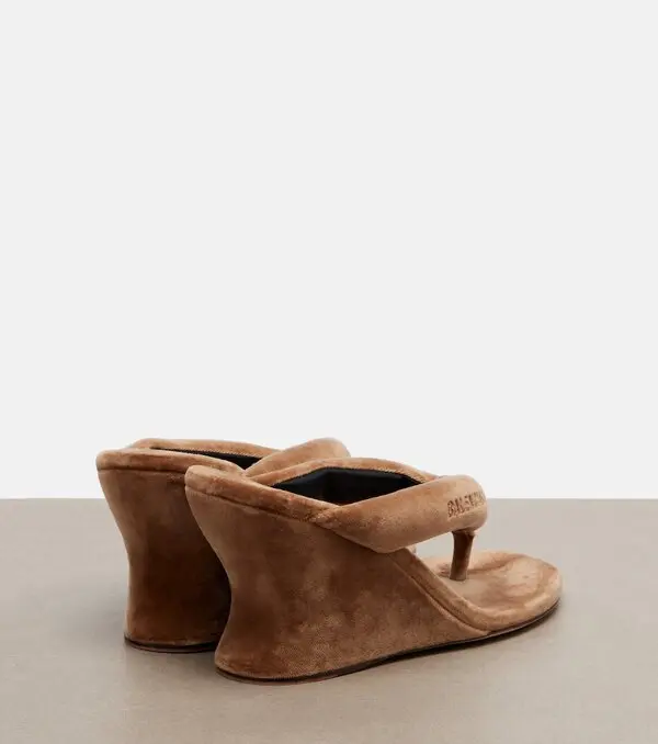 Balenciaga Velvet Wedge Thong Sandals - Brown