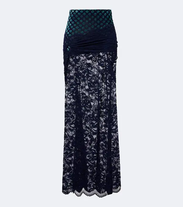 Rabanne Gathered Lace And Velvet Maxi Skirt - Blue