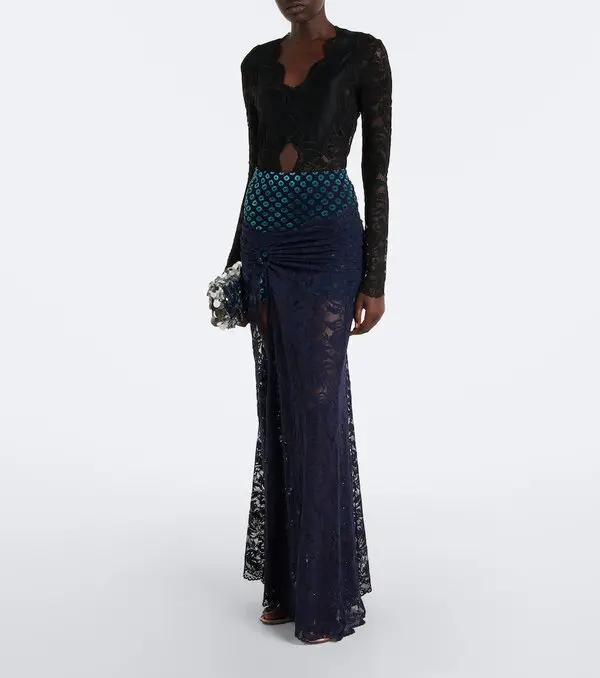 Rabanne Gathered Lace And Velvet Maxi Skirt - Blue
