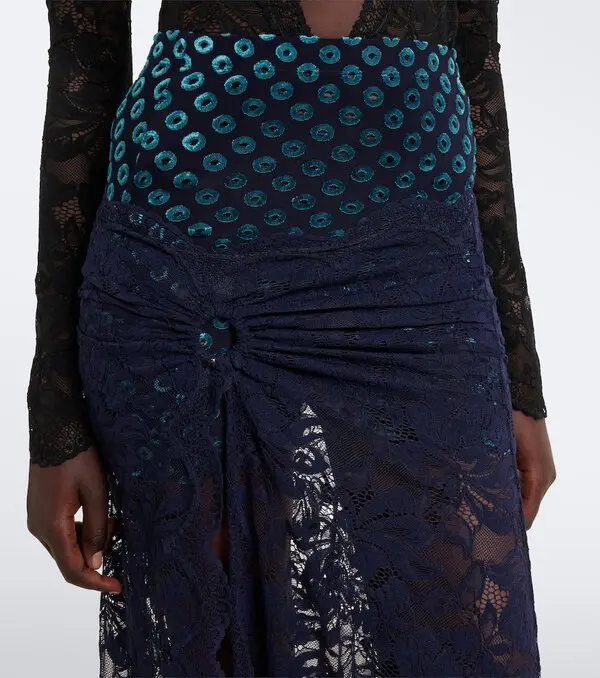 Rabanne Gathered Lace And Velvet Maxi Skirt - Blue