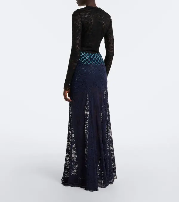 Rabanne Gathered Lace And Velvet Maxi Skirt - Blue