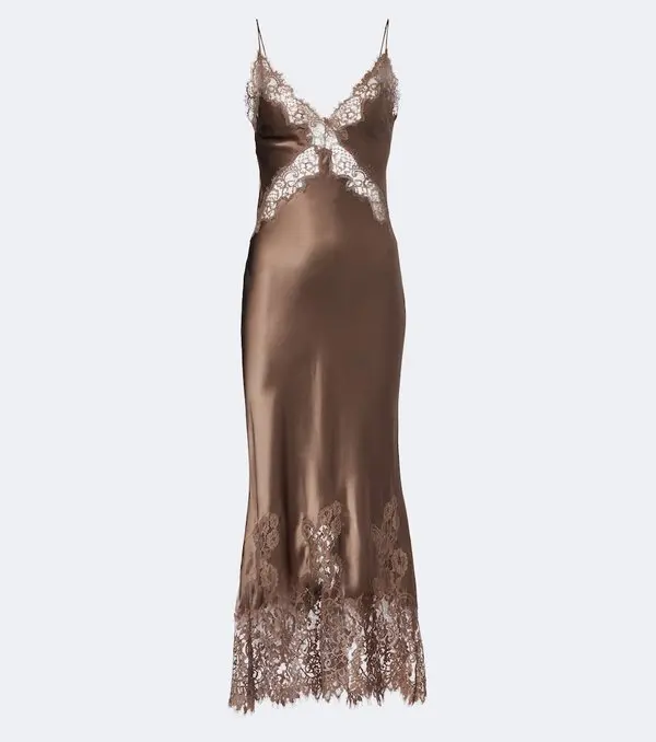 Rebecca Vallance Ellen Silk Slip Dress With Lace Trim - Brown