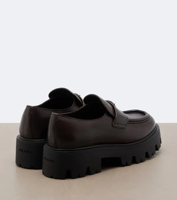 Prada Logo Leather Platform Loafers - Brown