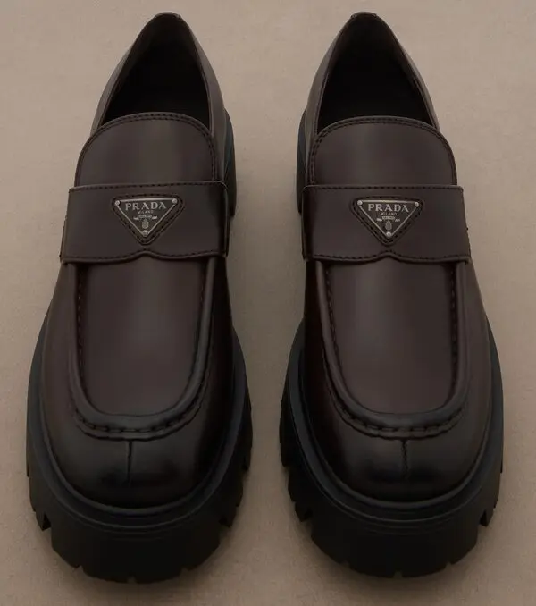 Prada Logo Leather Platform Loafers - Brown