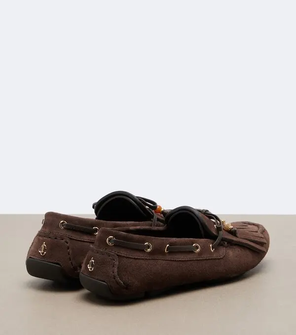 JIMMY CHOO Manon Fringed Suede Boat Shoes - Brown