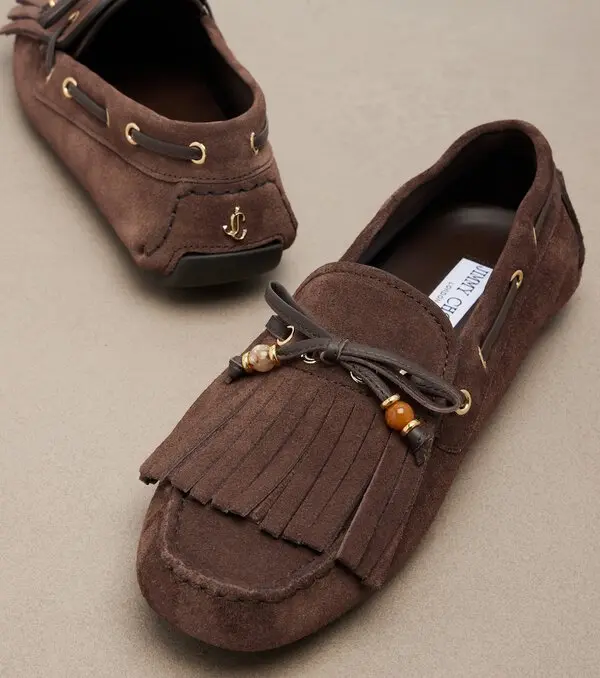 JIMMY CHOO Manon Fringed Suede Boat Shoes - Brown