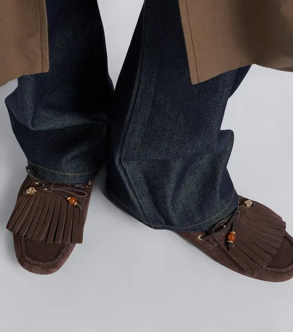 JIMMY CHOO Manon Fringed Suede Boat Shoes - Brown