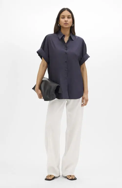 Another Tomorrow Organic Cotton Poplin Short Sleeve Shirt - Midnight