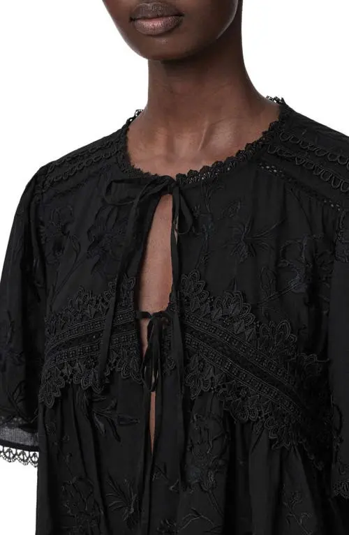 ALLSAINTS Lillith Floral Embroidered Lace Trim Tie Front Top - Black