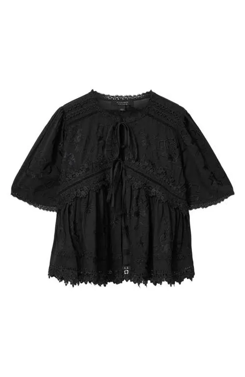 ALLSAINTS Lillith Floral Embroidered Lace Trim Tie Front Top - Black