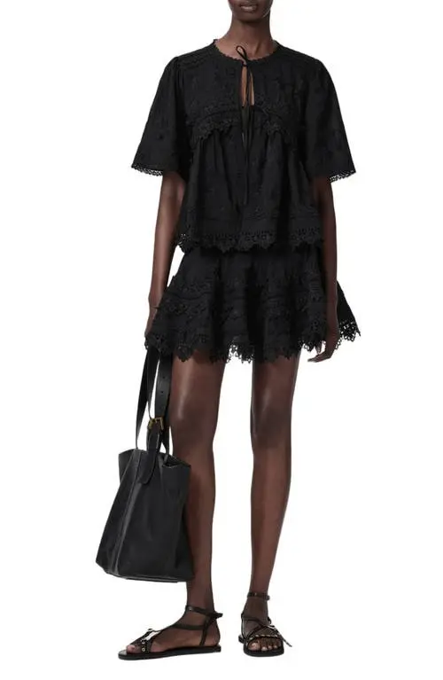 ALLSAINTS Lillith Floral Embroidered Lace Trim Tie Front Top - Black