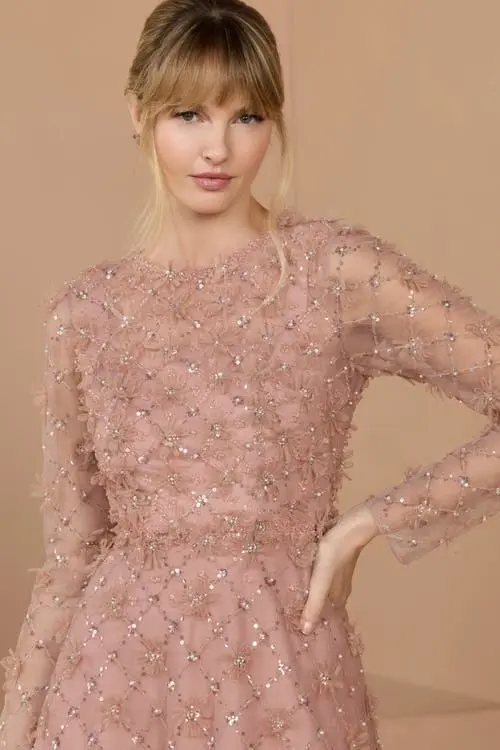 Mac Duggal High Neck Floral Embellished A-line Gown