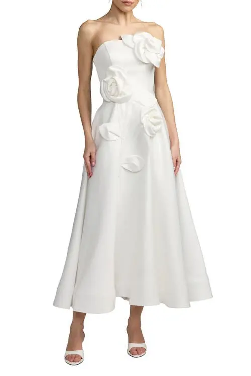 Mac Duggal Strapless Satin Gown With 3d Floral Appliqu - Ivory