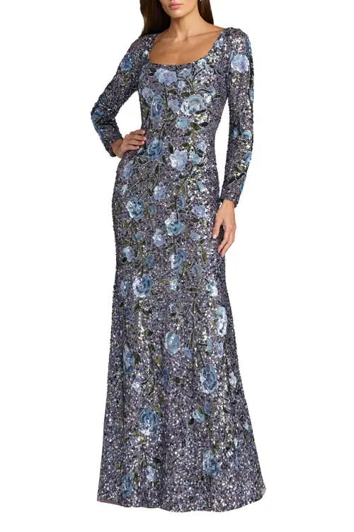 Mac Duggal Floral Beaded Mesh Long Sleeve Square Neck Gown - Hydrangea Multi