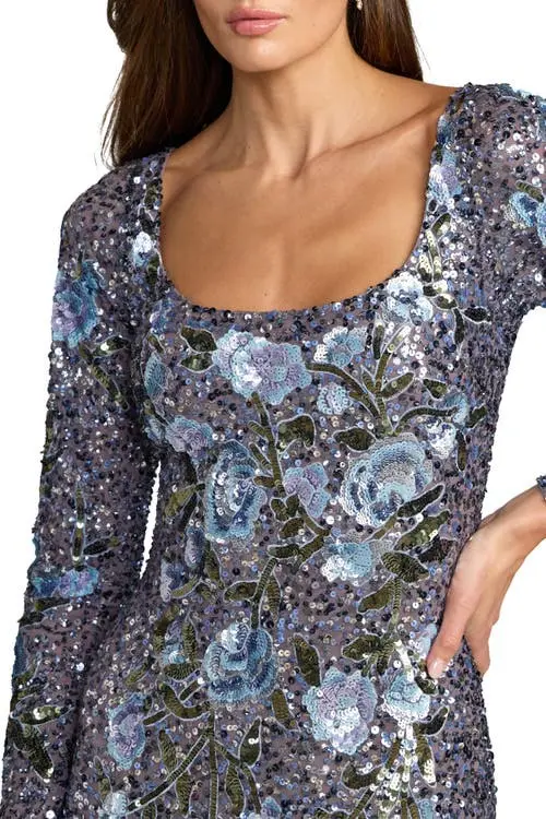 Mac Duggal Floral Beaded Mesh Long Sleeve Square Neck Gown