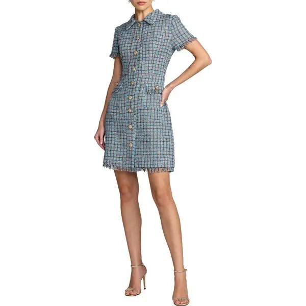 Mac Duggal Collared Tweed Mini Dress With Fringe Trim - Blue Multi