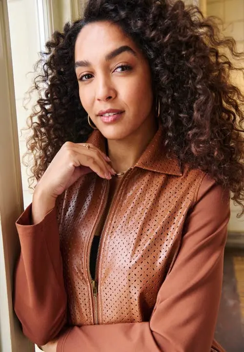 JESSICA LONDON Perforated Faux Leather Zip-front Jacket