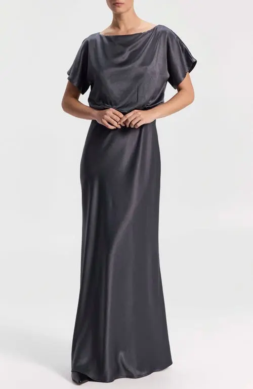 Ronen Chen Maxi Satin Dress With Bateau Neckline And Dolman Sleeves - Grey
