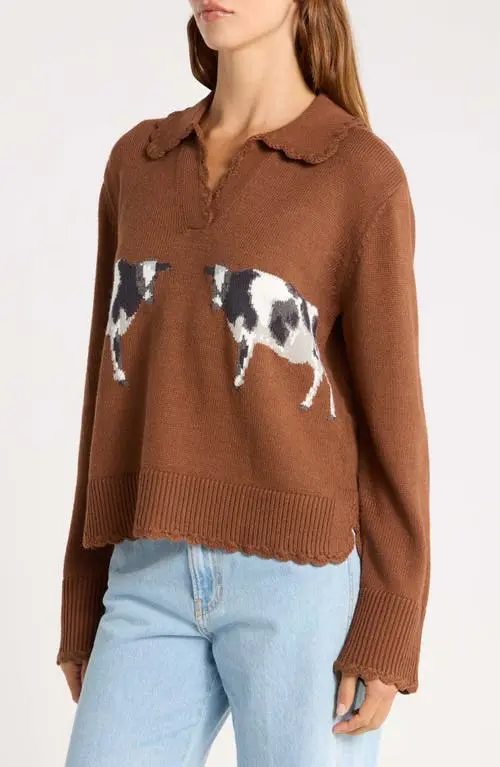 Farm Rio Countryside Cow Split Neck Sweater