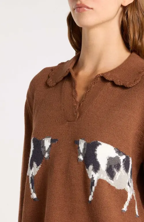Farm Rio Countryside Cow Split Neck Sweater