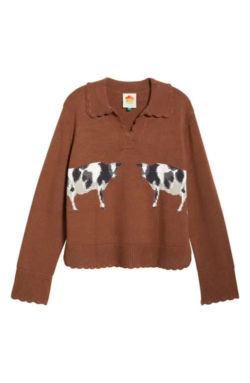 Farm Rio Countryside Cow Split Neck Sweater
